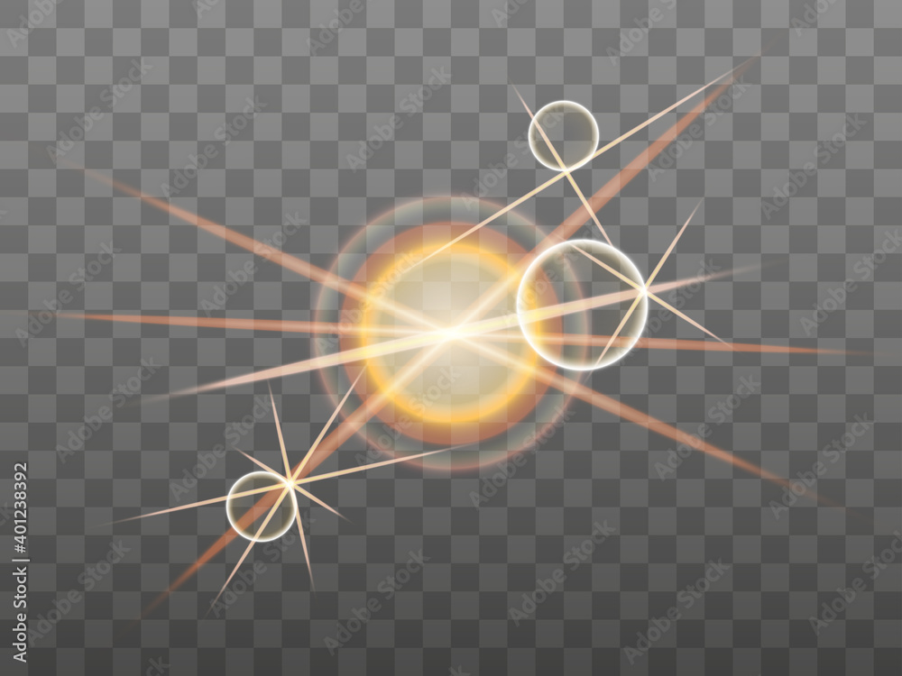Bright rays of light on a transparent background. Transparent spheres ...