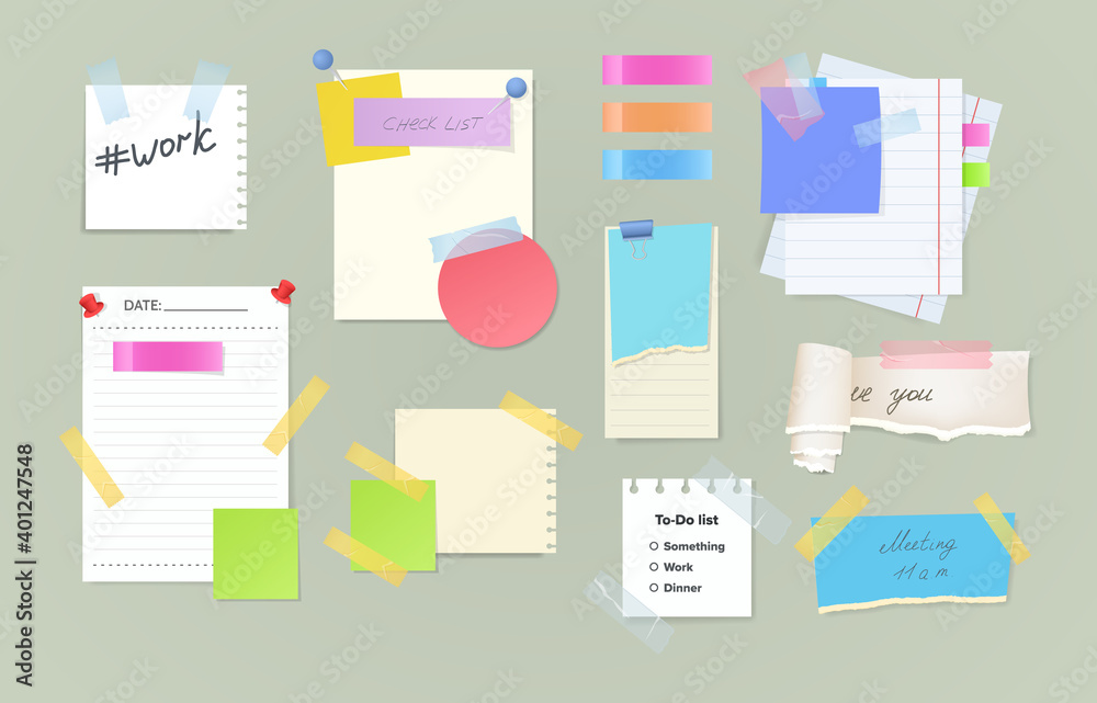 Paper notes on stickers, reminders notepads, memo messages torn paper ...