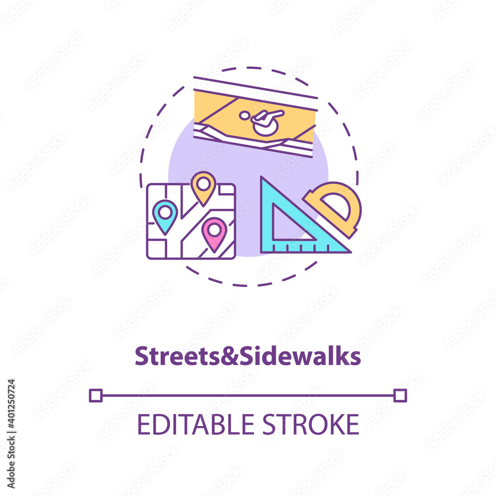 Streets and sidewalks concept icon. Pedestrian lane. Road city ...