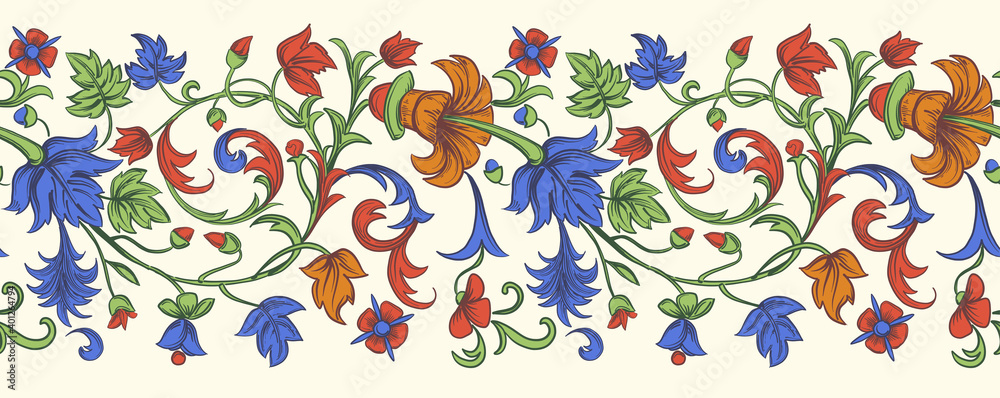 Floral border. Vintage flowers and leaves. Vector ornament. Stock ...