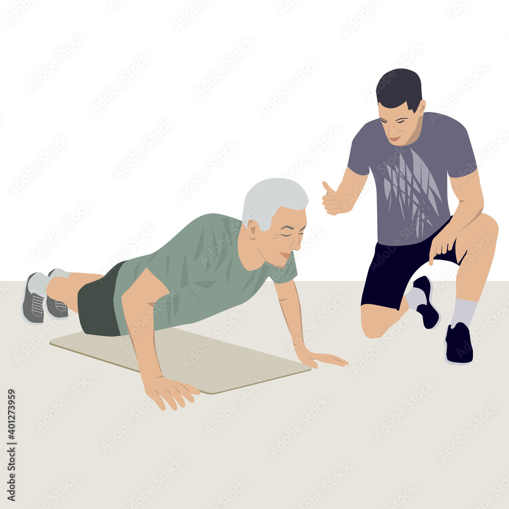 Personal trainer, senior citizen doing exercises to strengthen muscles ...