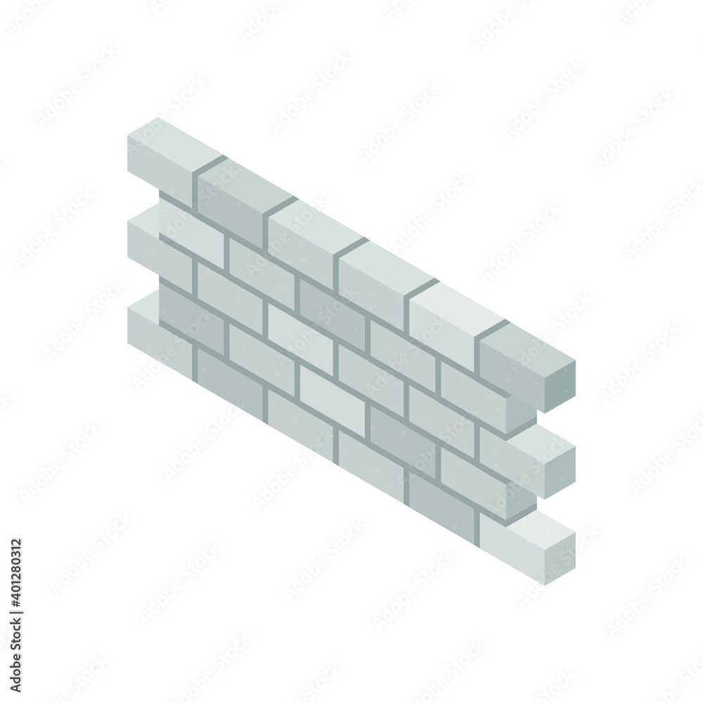 Isometric cinder block wall with cement mortar isolated on white background. White brick wall ...