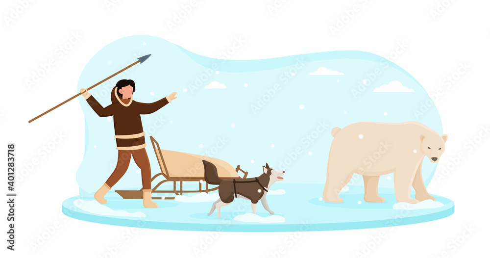Eskimo wearing traditional clothes hunting on white bear with a spare ...