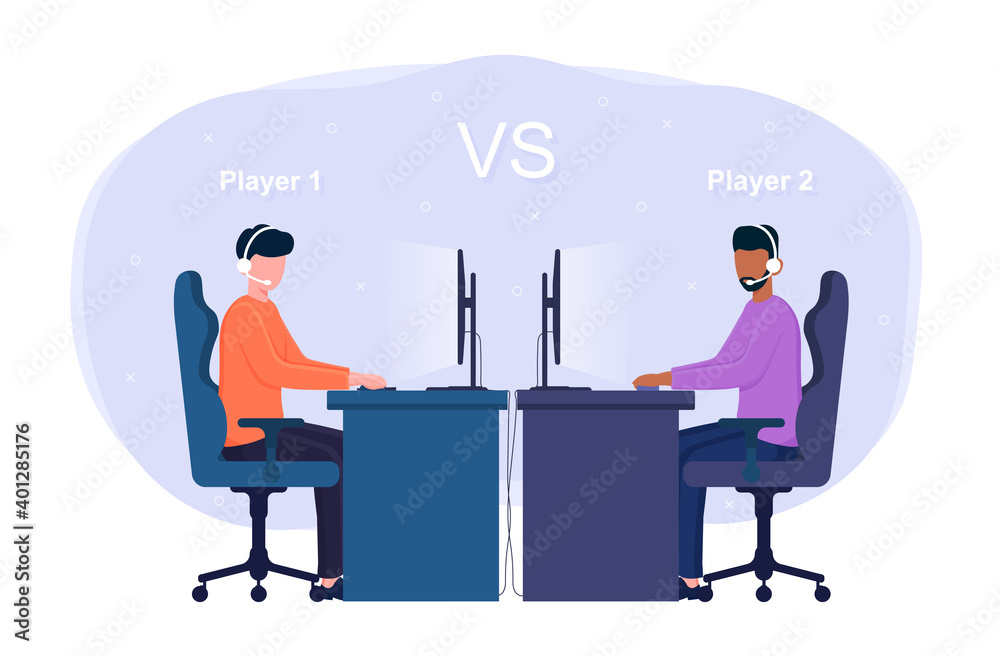 Two male characters playing one versus another video games in computer ...