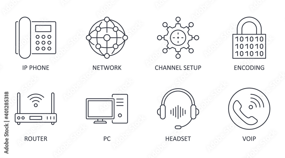 Vector Voice over IP icons. Editable stroke. IP phone router network pc ...
