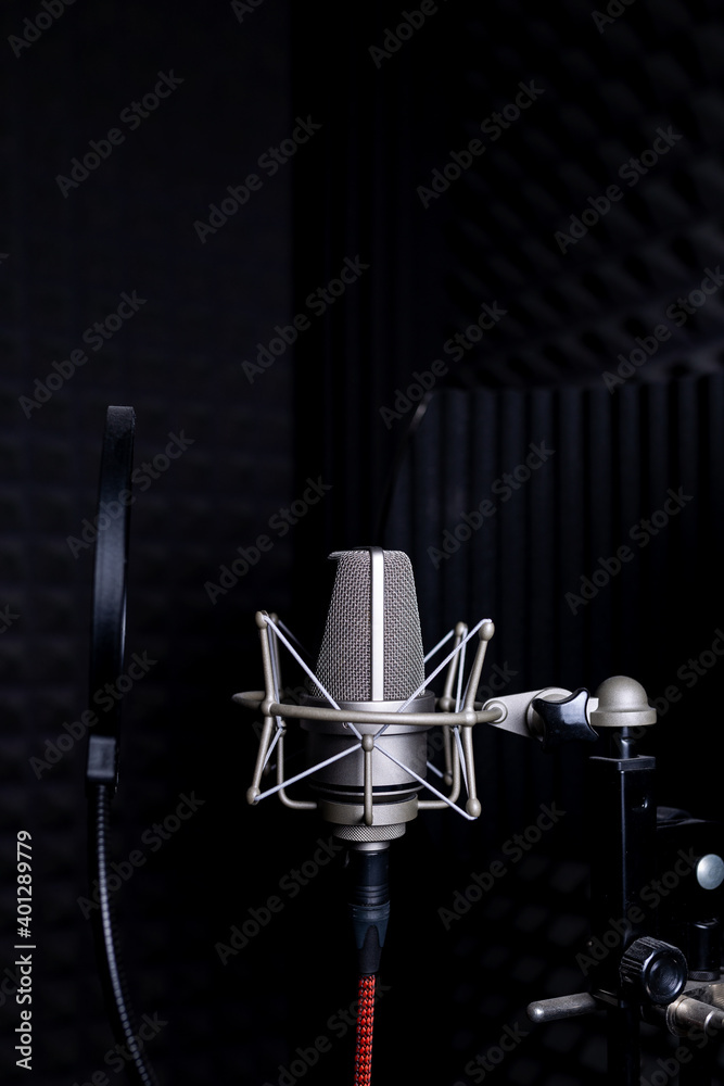 Contemporary metal microphone with wire placed on background of ...