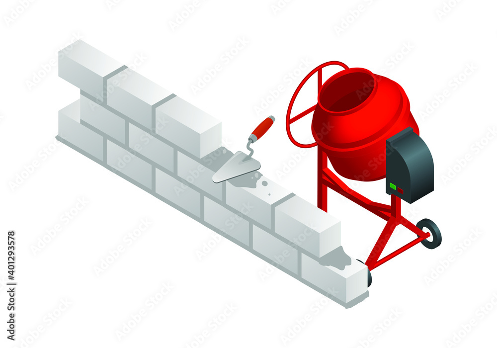 Isometric vector illustration red concrete mixer, trowel and new grey ...