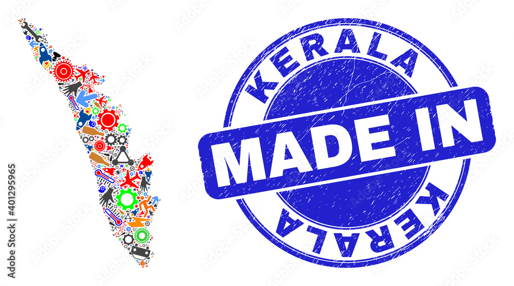 Service mosaic Kerala State map and MADE IN grunge rubber stamp. Kerala ...