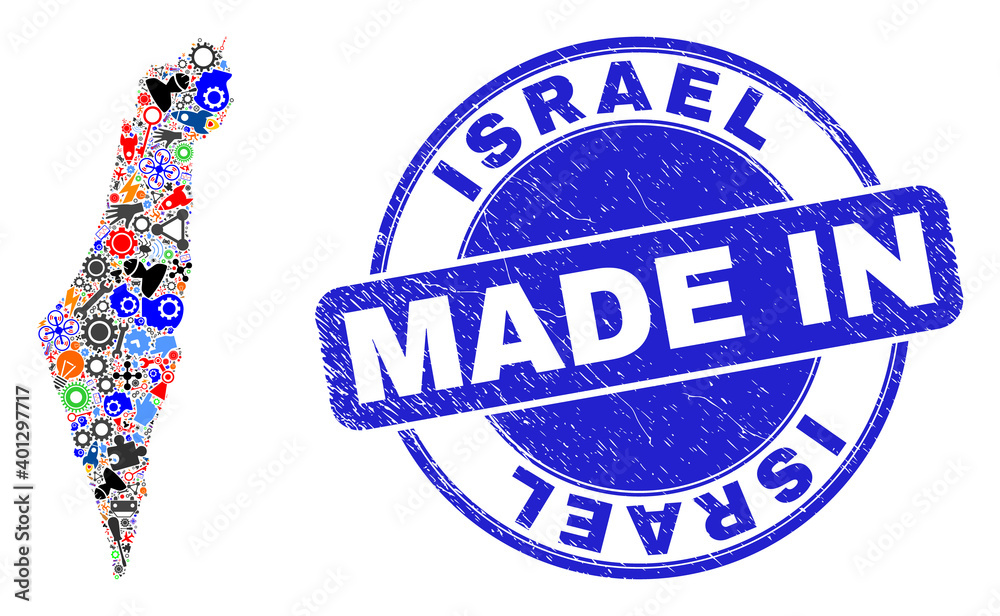 Engineering mosaic Israel map and MADE IN distress seal. Israel map ...