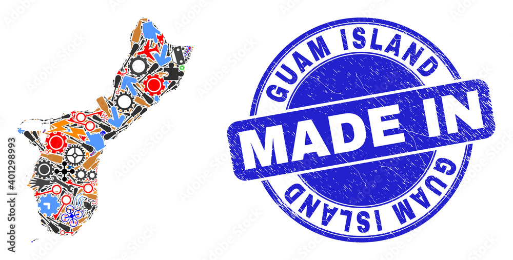 Industrial mosaic Guam Island map and MADE IN textured watermark. Guam ...