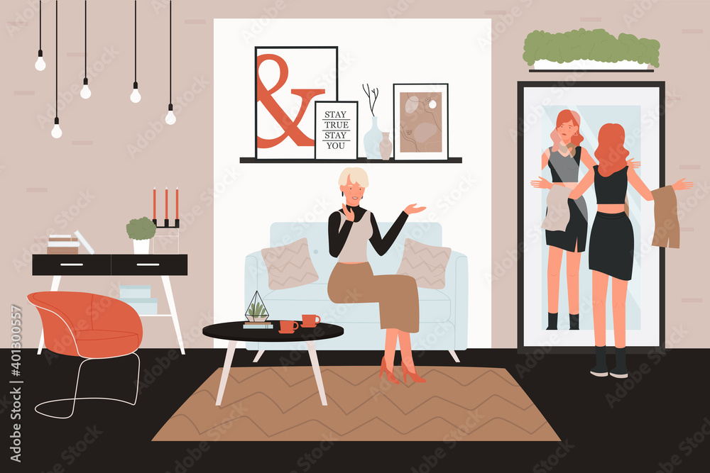 Female characters talk vector illustration. Cartoon woman sitting on ...