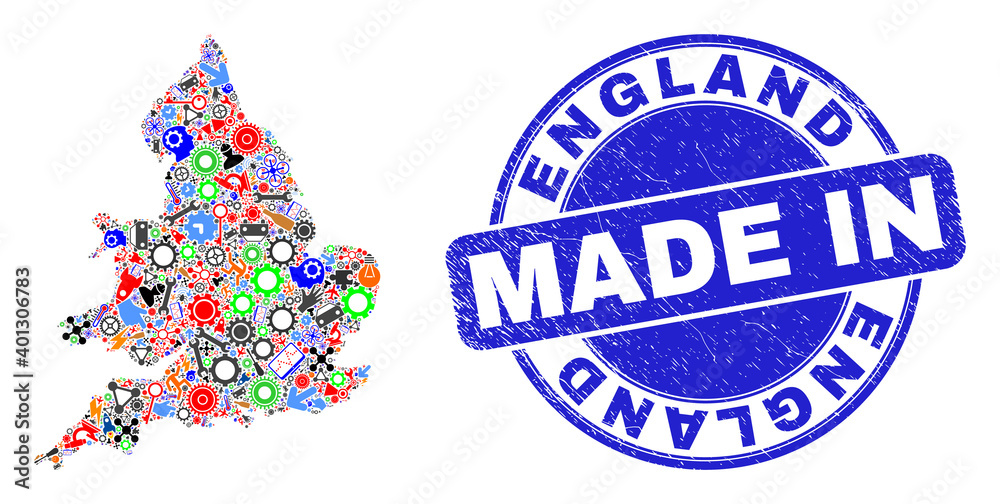 Industrial mosaic England map and MADE IN scratched rubber stamp ...
