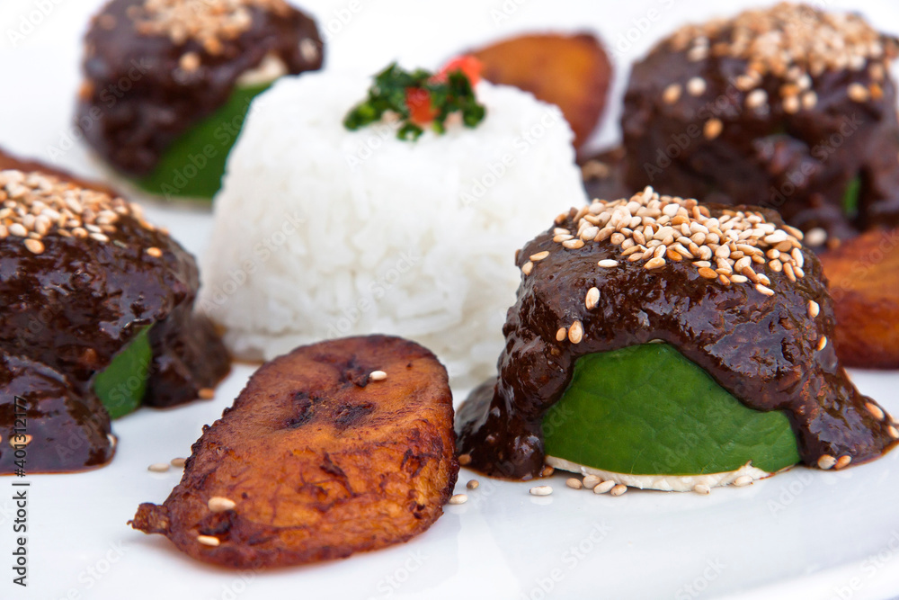 Mexican mole, chicken rolls with Mexican mole, sesame, rice and fried ...