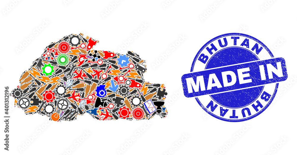 Technical Bhutan map mosaic and MADE IN textured stamp seal. Bhutan map ...