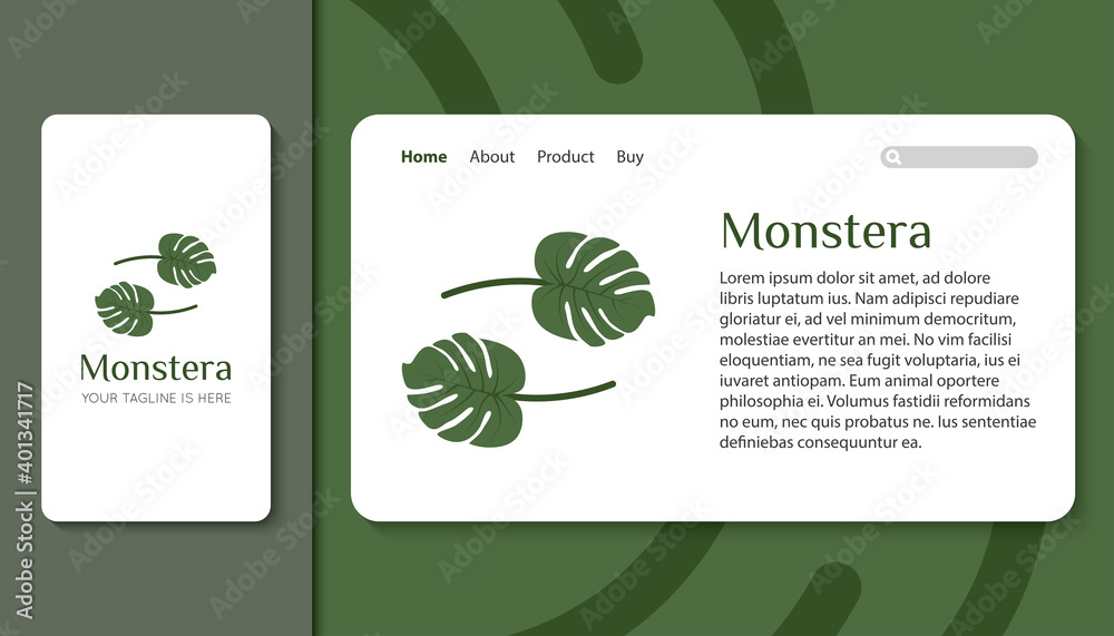 monstera logo and icon with mobile app and landing page template vector ...