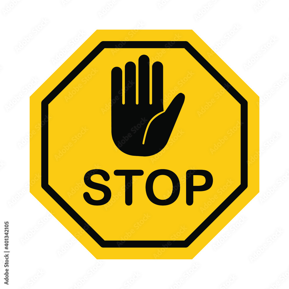 Stop sign with big hand symbol and yellow sign or vector icon ...