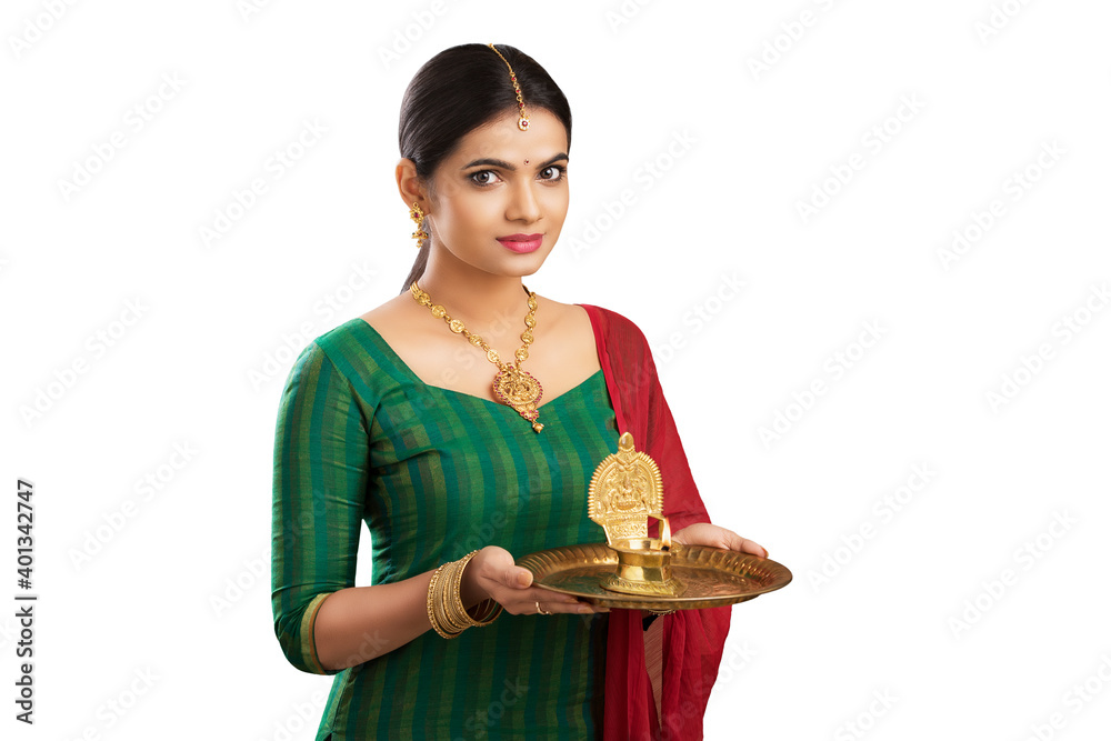 Hindu Indian young women holding Deepam in hands isolated on white ...
