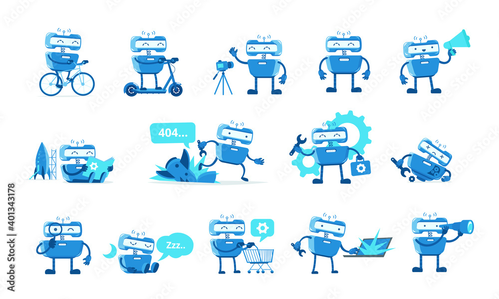 Robot mascot character set. Support service-center. Chat bot. All tasks ...