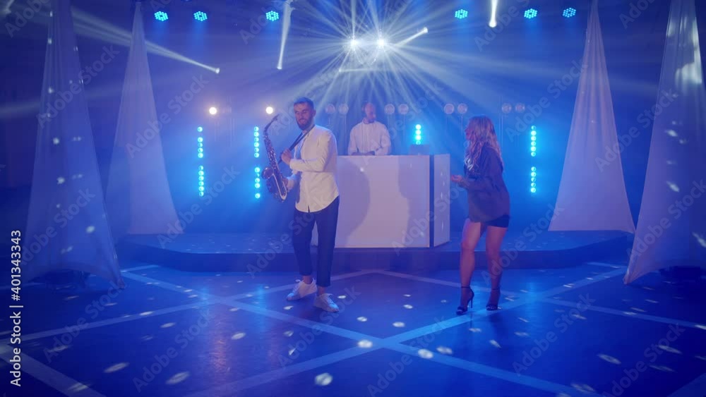 Musical band group of three people playing song, performing on concert ...