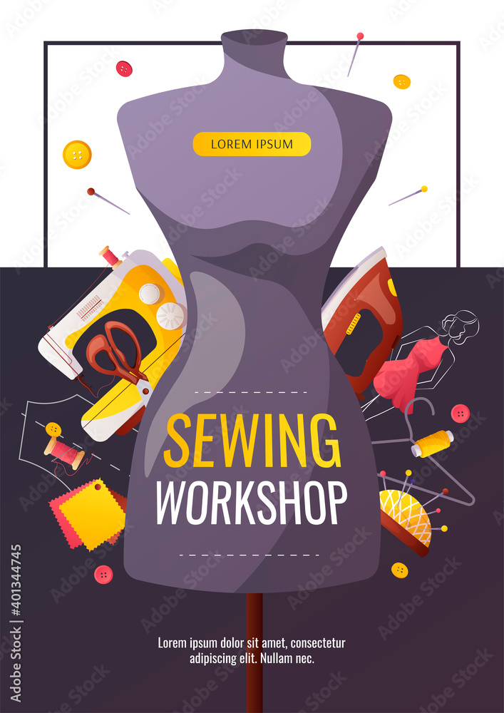 Banner design with mannequin and sewing items. Sewing workshop, fashion ...