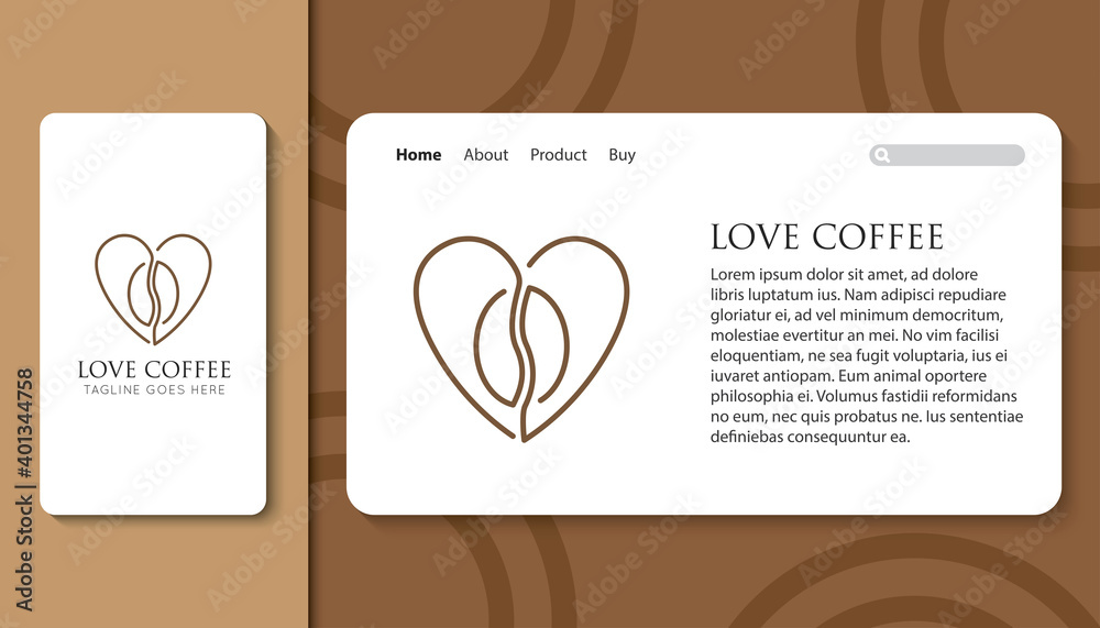 love coffee logo and icon with mobile app and landing page template ...