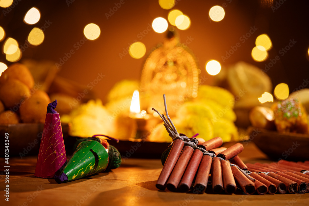 Diwali fire cracker and Diya decoration on Diwali day Stock Photo ...