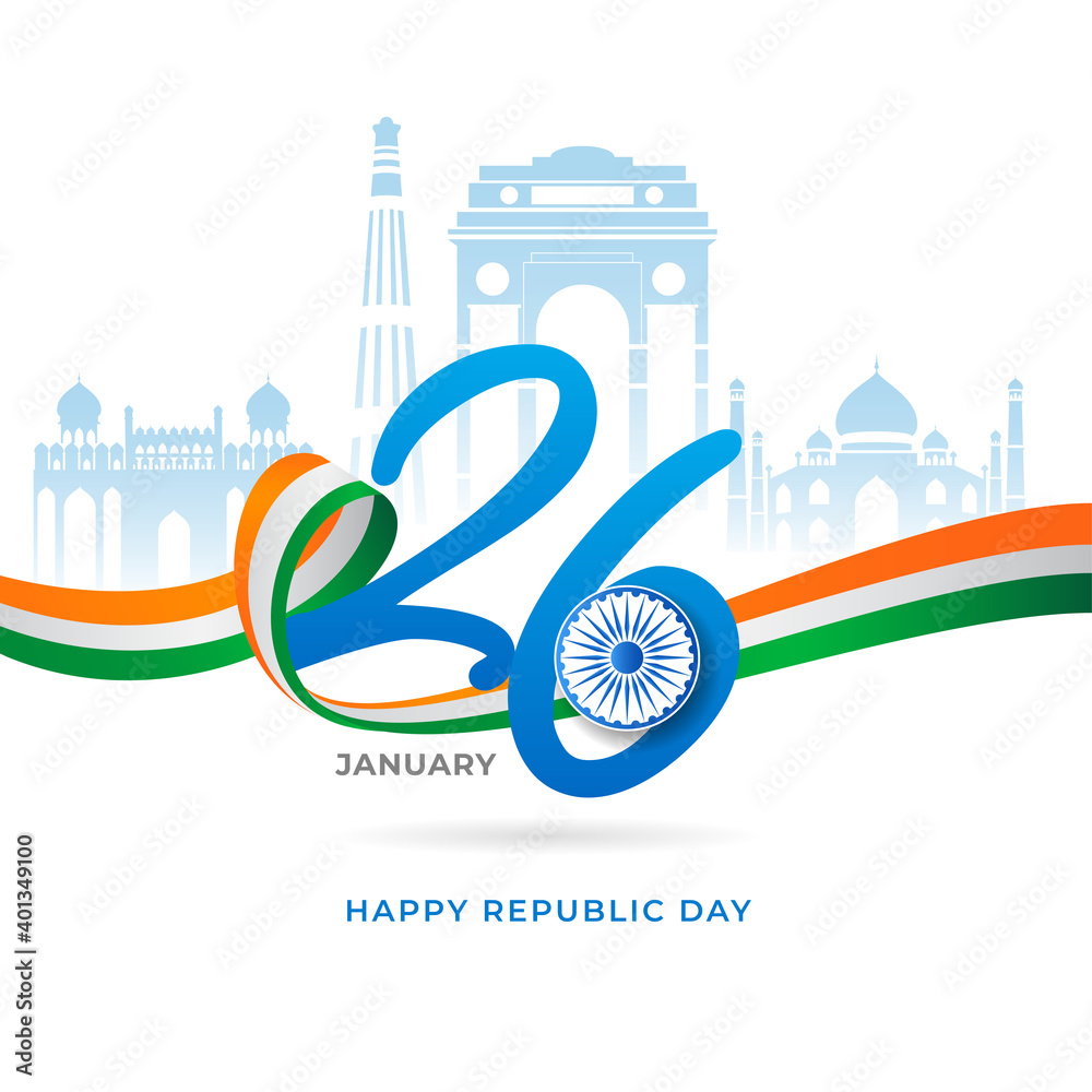 26 January Text With Ashoka Wheel, Tricolor Ribbon And India Famous ...