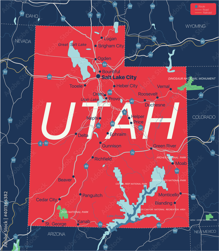 Utah state detailed editable map with cities and towns, geographic ...
