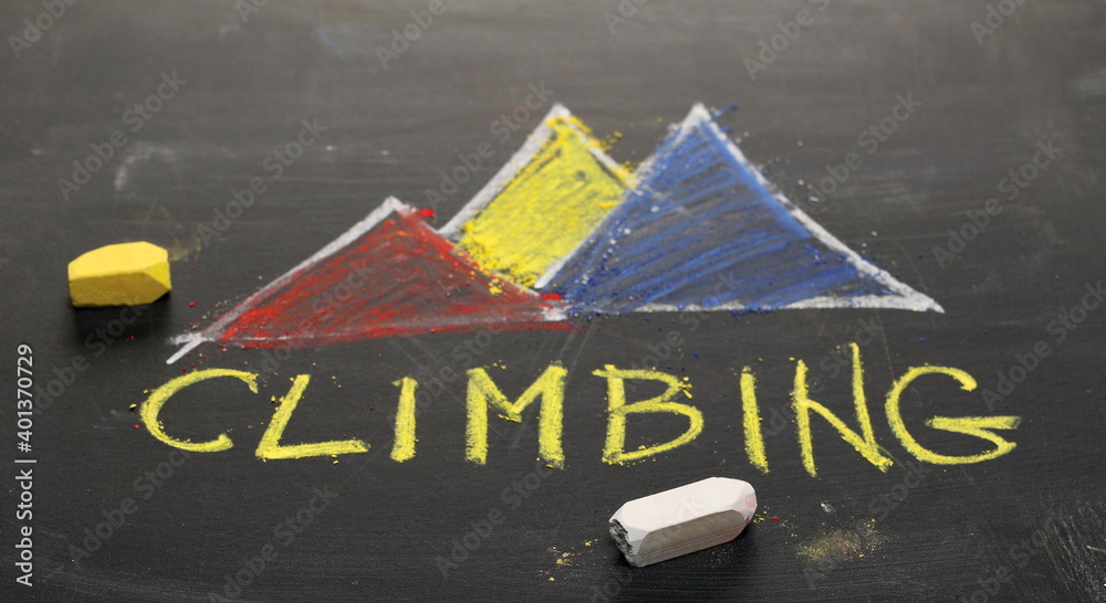 Colorful mountains drawing with word climbing written on black ...