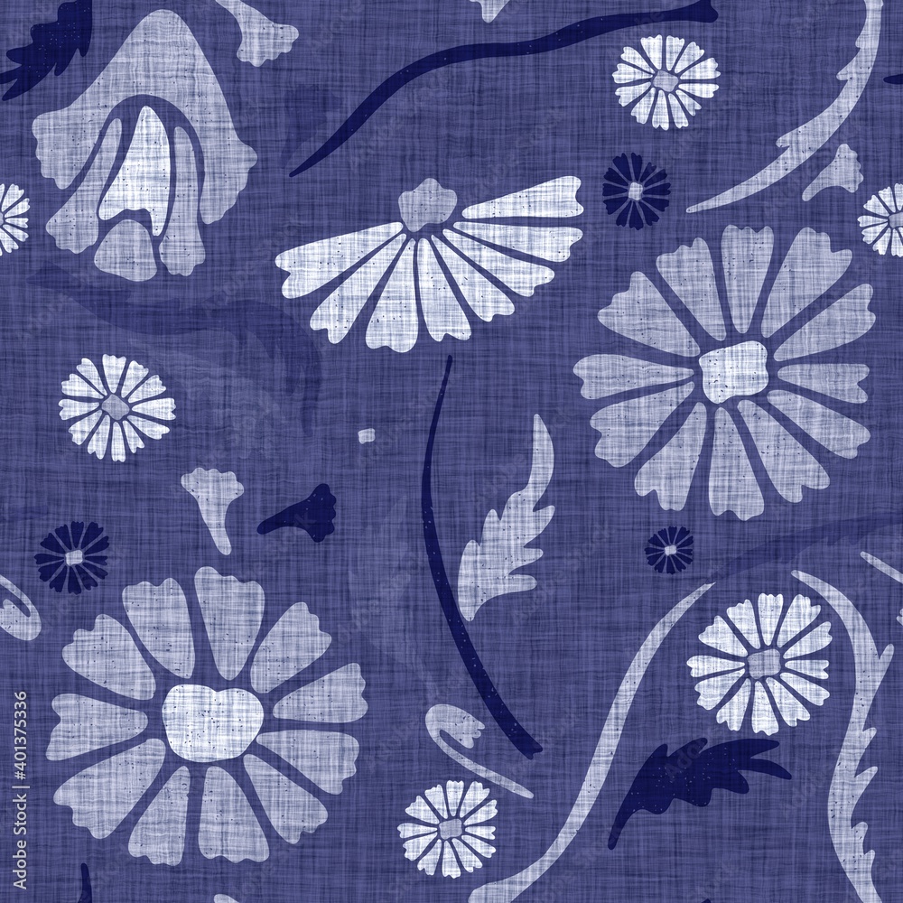 Indigo blue flower block print dyed linen texture background. Seamless ...