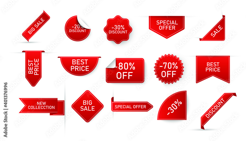 Package of red price tags with letters isolated on white background ...