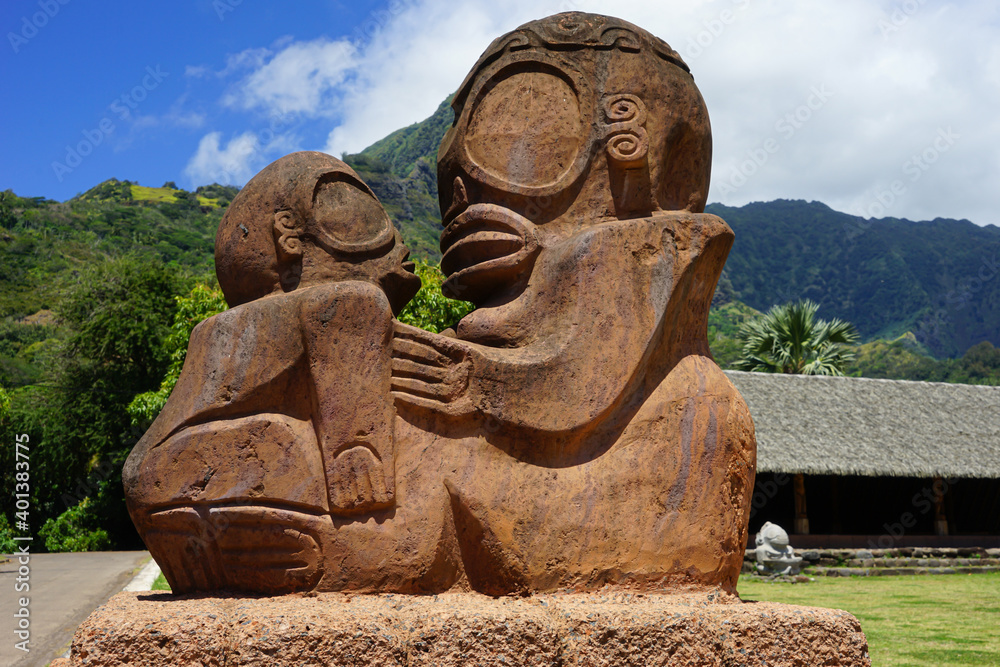 French Polynesia, Marquesas, Hiva Oa Island. Modern Tiki Statue Stock ...