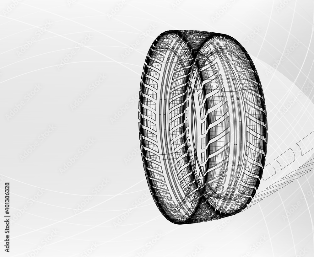 Car tire with tire marks on a light grey background. blueprint ...