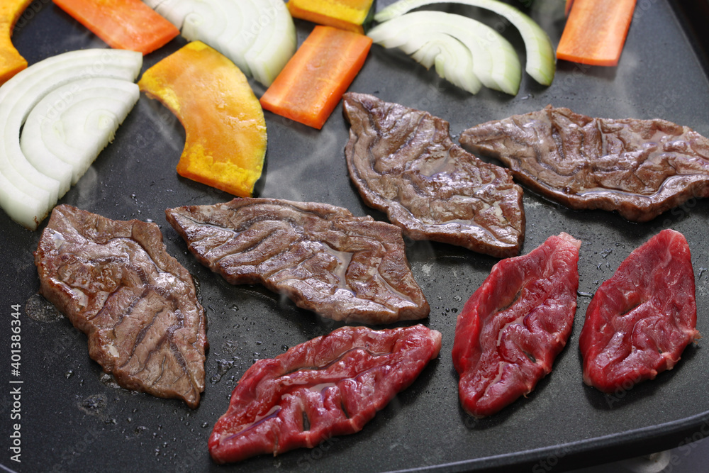 grilled meat by electric griddle, a rare part of japanese wagyu beef ...