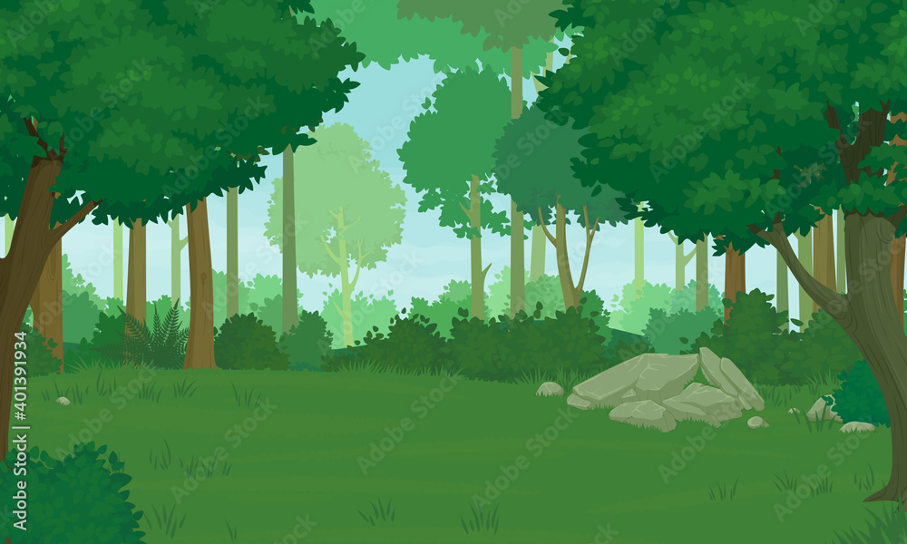 Cartoon forest landscape. Deciduous trees with lush foliage, thick ...