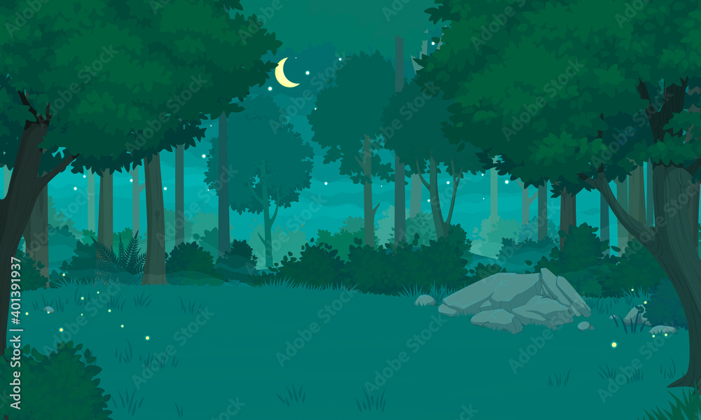 Cartoon forest landscape. Deciduous trees with lush foliage, thick ...