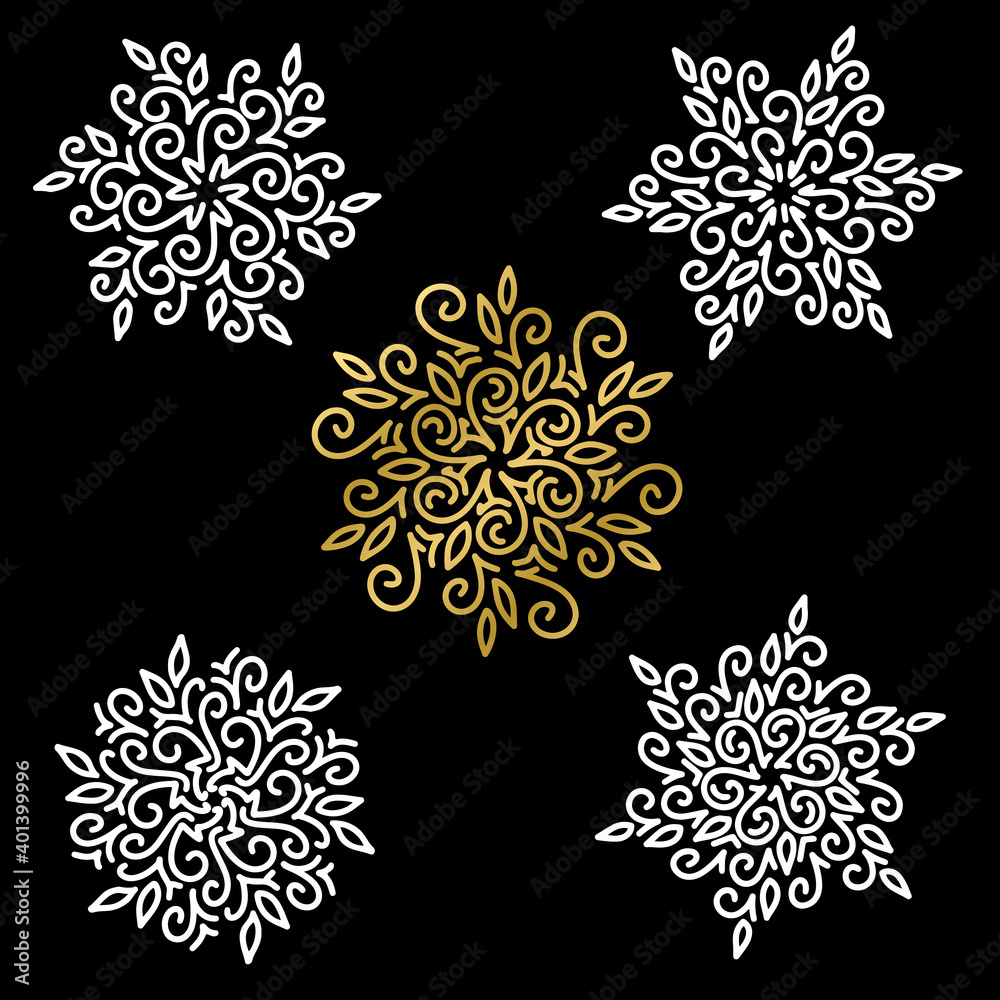 White and gold snowflakes set on black background. Vector illustration ...