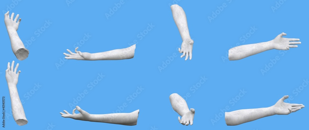 Set of white concrete statue hand renders isolated on blue, lights and ...