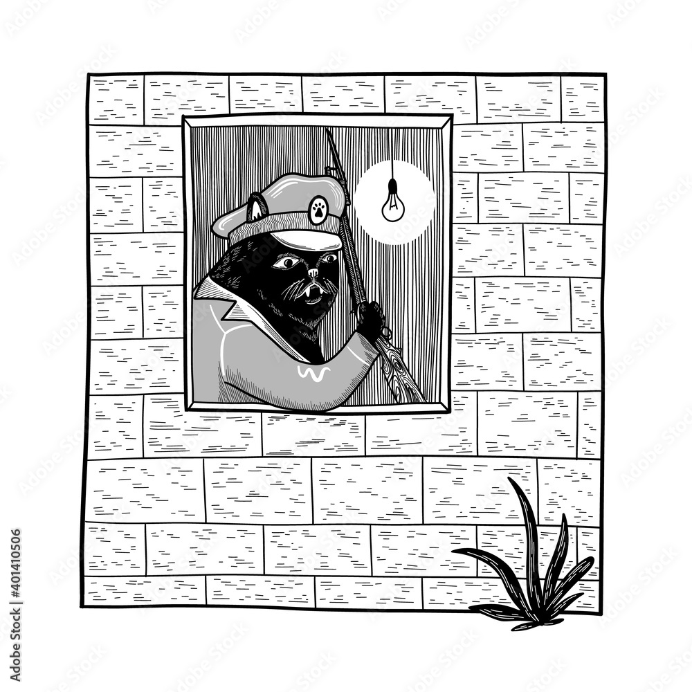 Vector black cat with a gun. Funny military cat guards the border. Flat ...