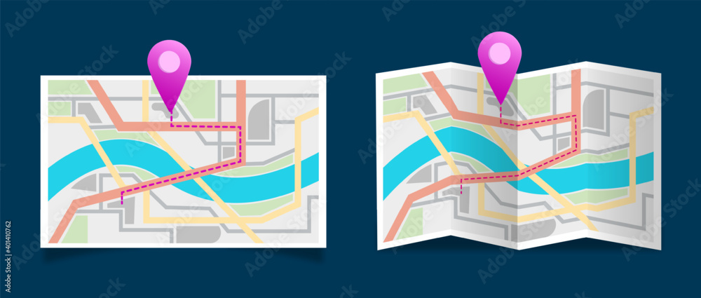 Folded maps with pink color point markers. Maps with pin pointing on a ...