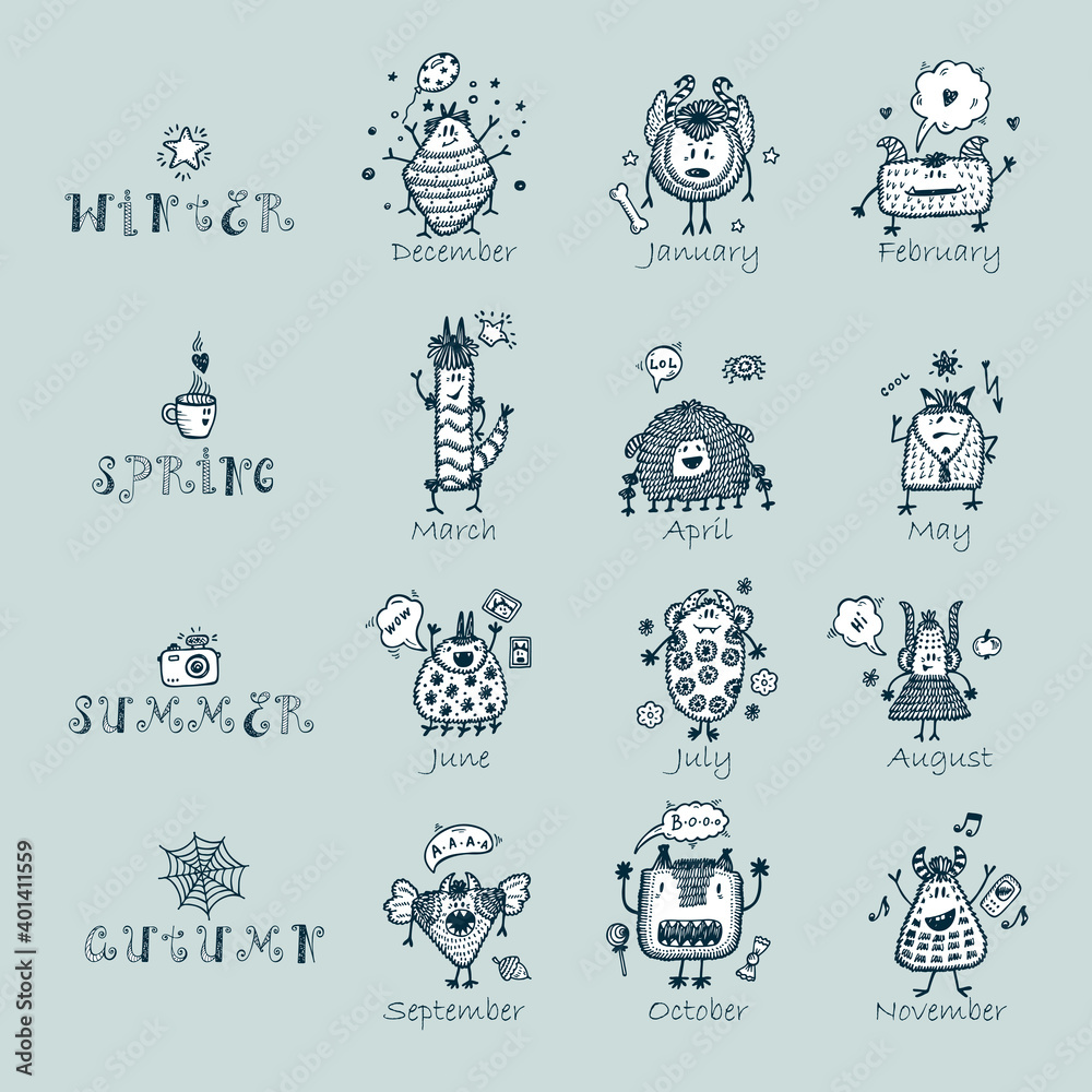 Calendar template. Times of year. Four Seasons and months, the template ...