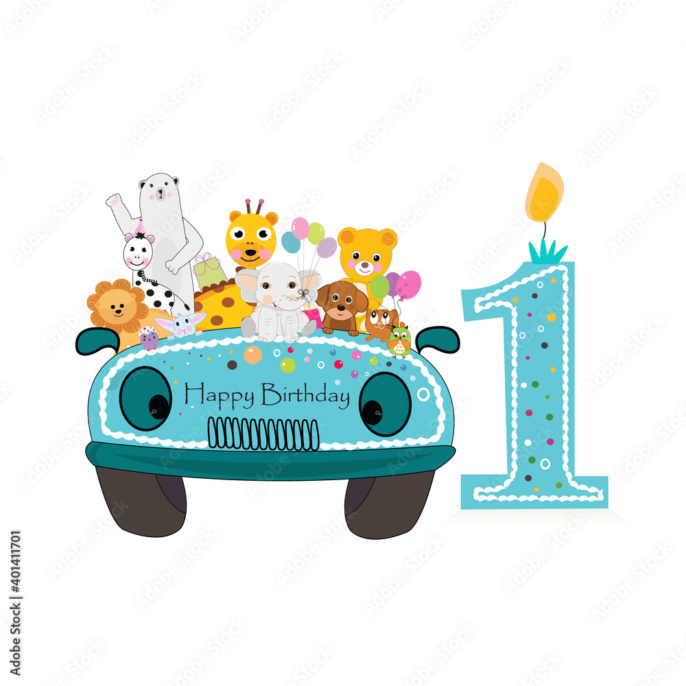 First birthday. Car with cute animals background. Birthday greeting ...