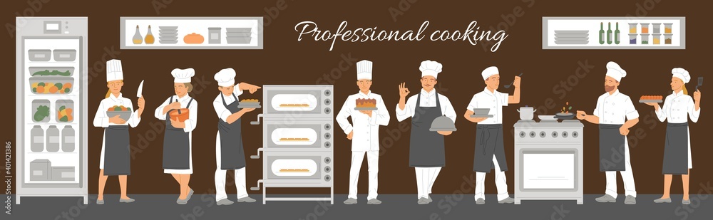 Professional cooking banner with restaurant chefs flat vector ...
