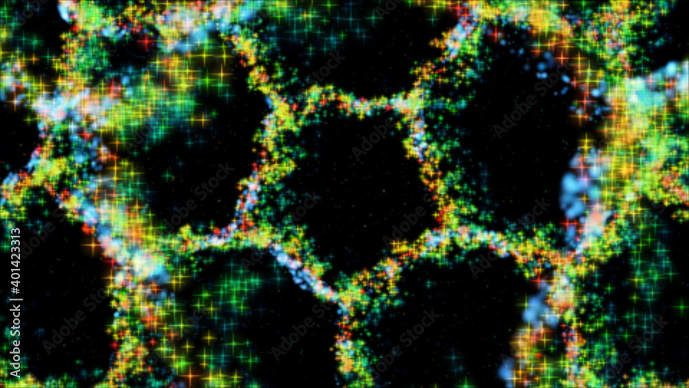 Multi-colored flying stars formed pentagonal shapes connected to each ...