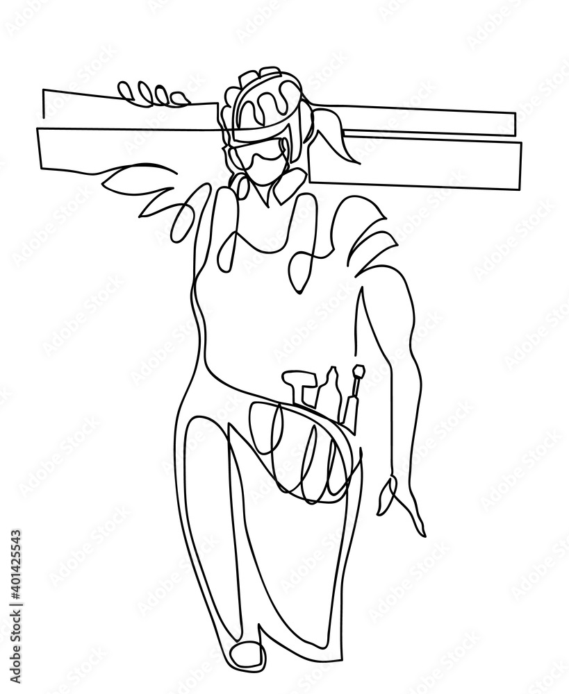 One continuous line drawing of female worker carrying wood. One line ...