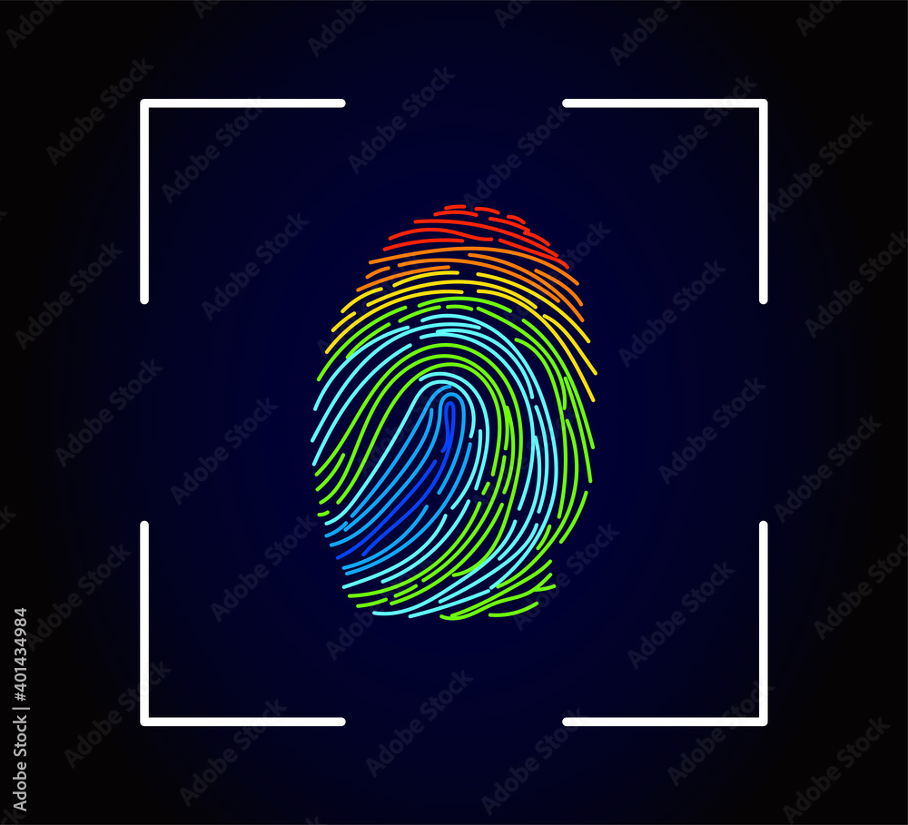 Editable vector outline image of rainbow fingerprint isolated on dark ...