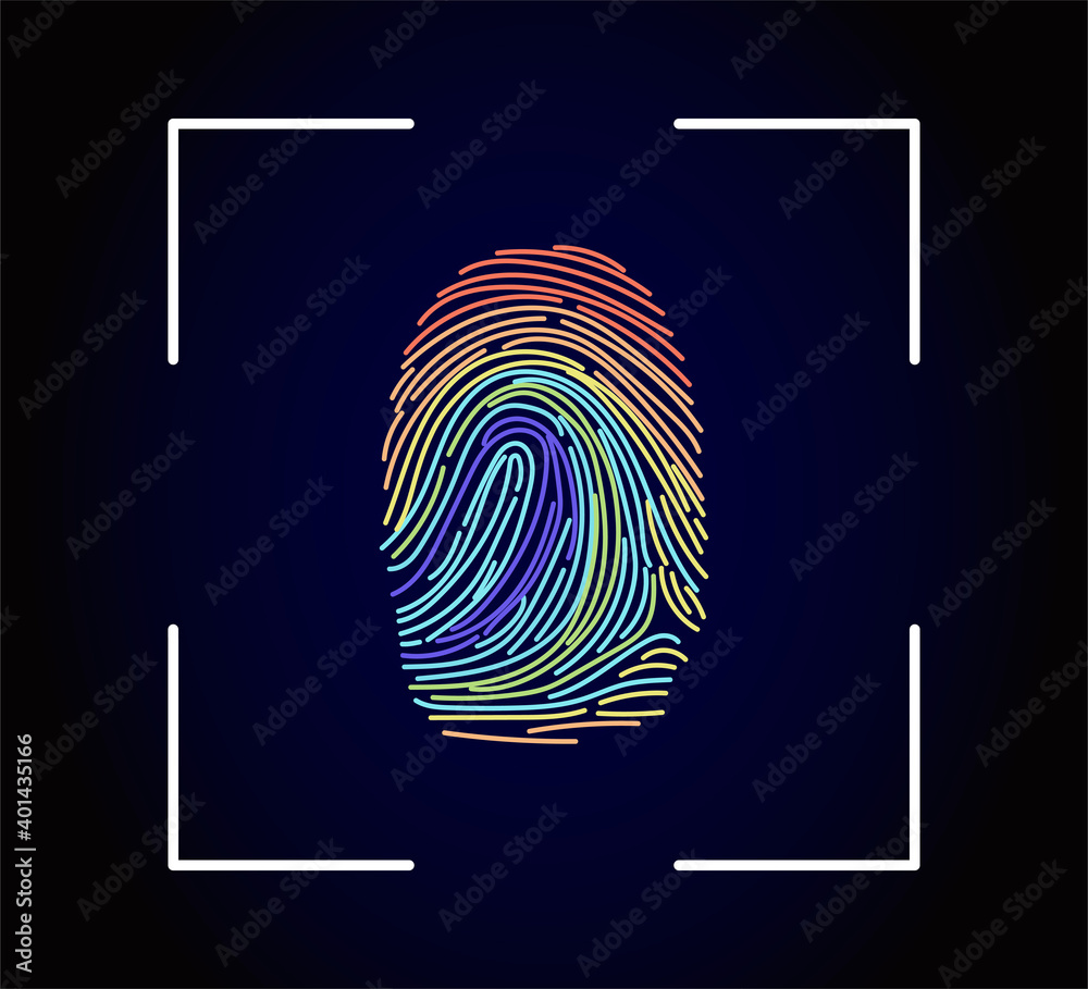 Editable vector outline image of rainbow fingerprint isolated on dark ...