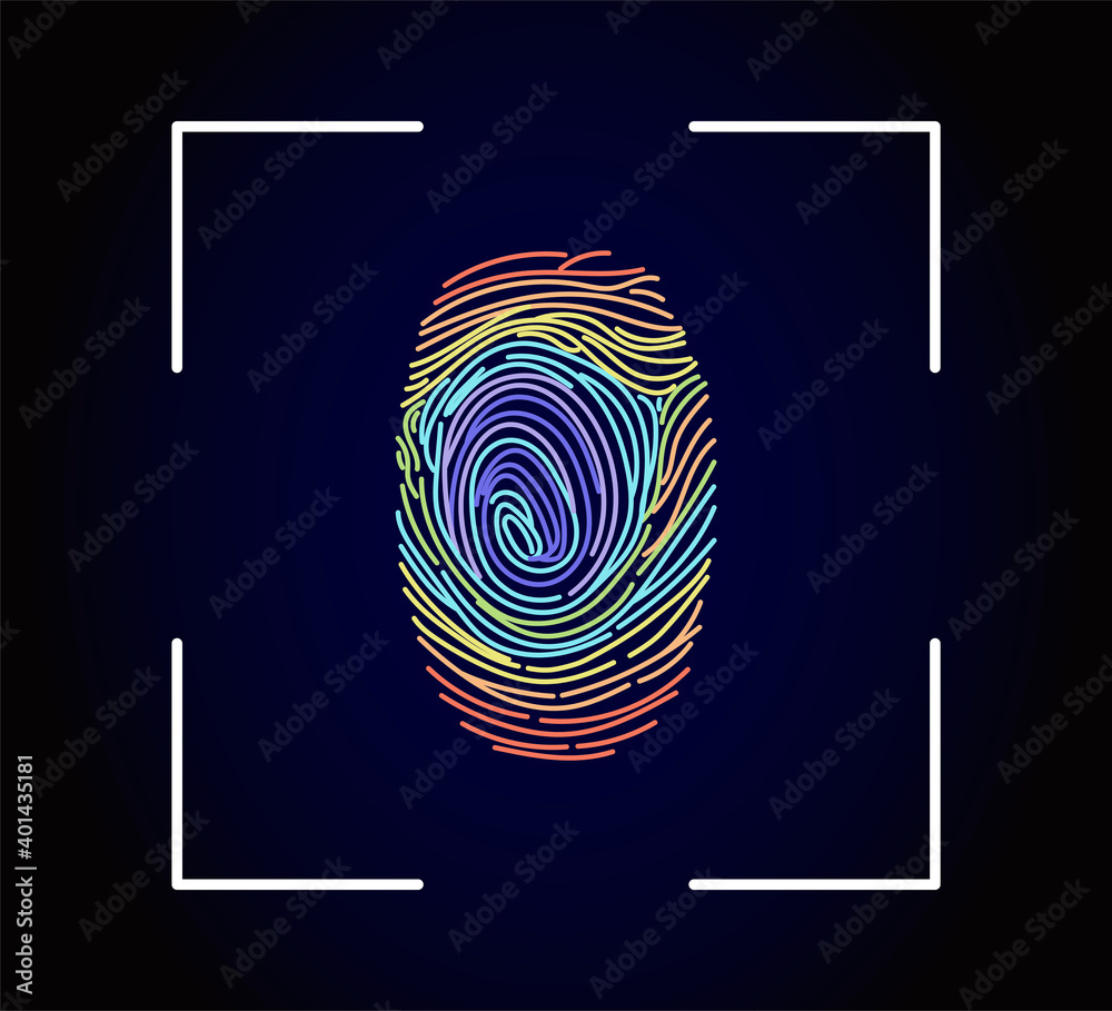 Editable vector outline image of rainbow fingerprint isolated on dark ...