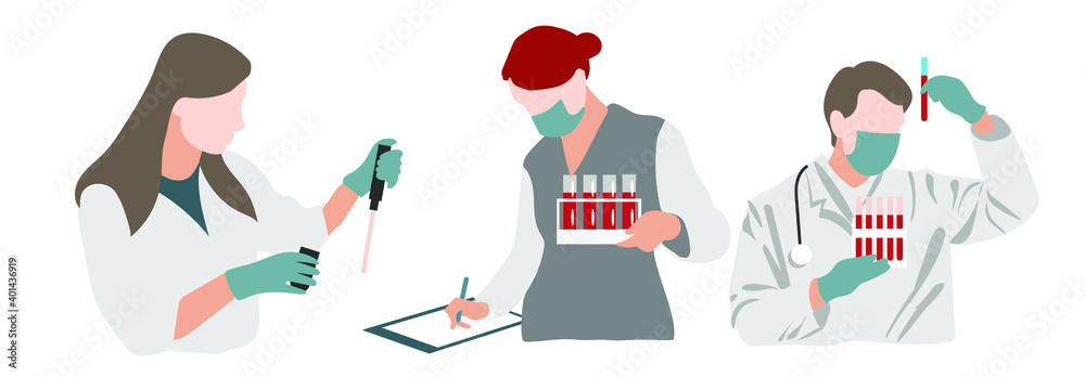 vector set of scientists in masks and gloves with flask of blood Stock ...