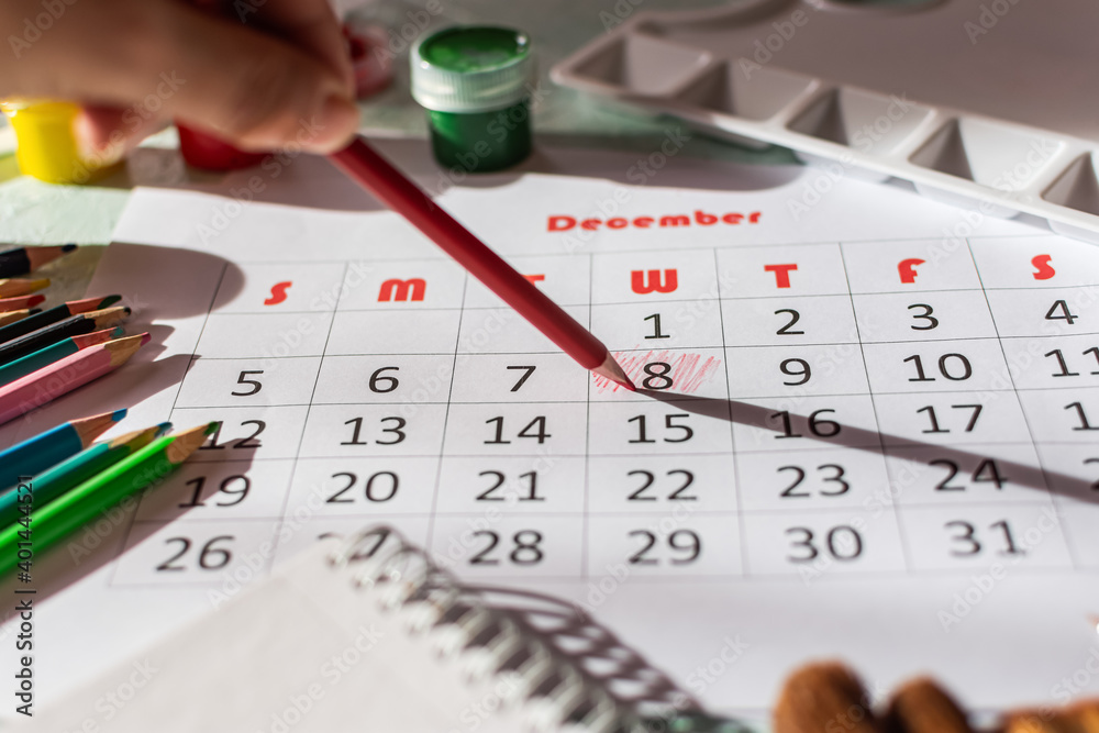 Calendar for December 2021. The creative layout of the objects for ...